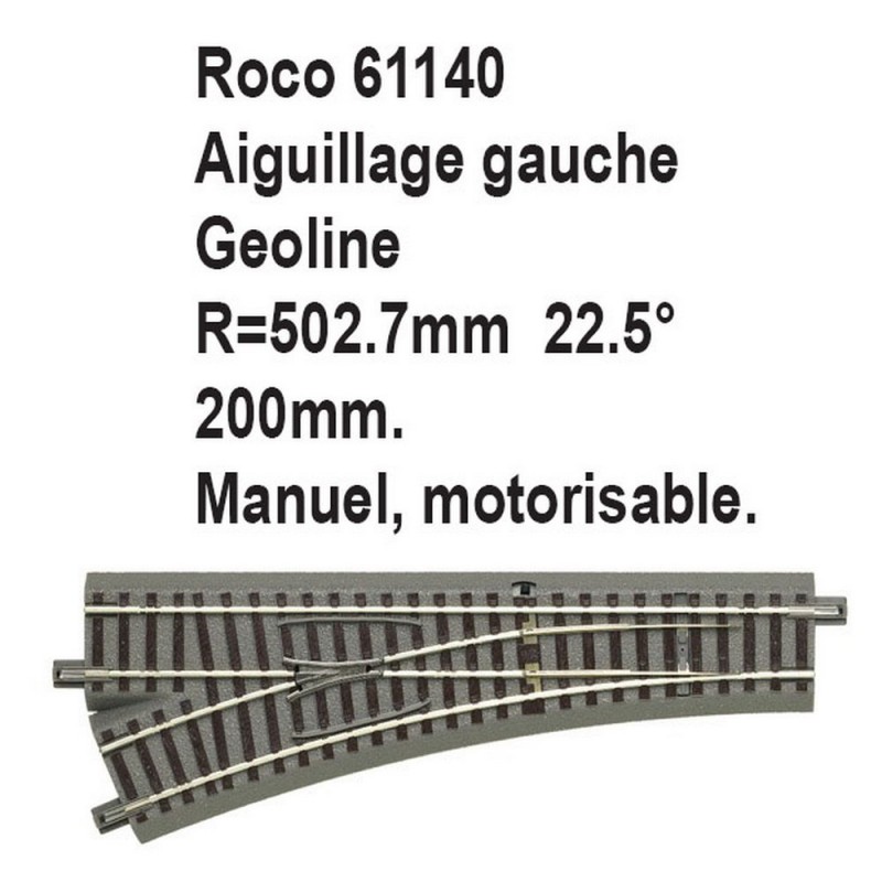 Aiguillage gauche geoline R 502.7mm, 200mm, 22.5 degrés-HO-Roco 61140